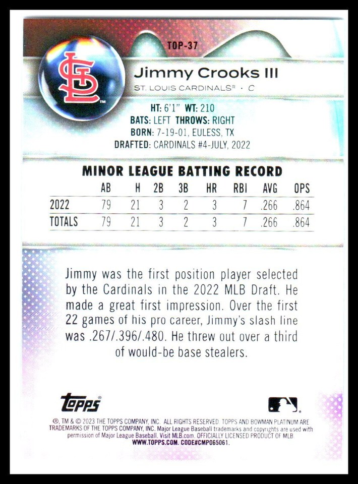 2023 Bowman Platinum - Top Prospects #TOP-37 Jimmy Crooks III Near mint ...