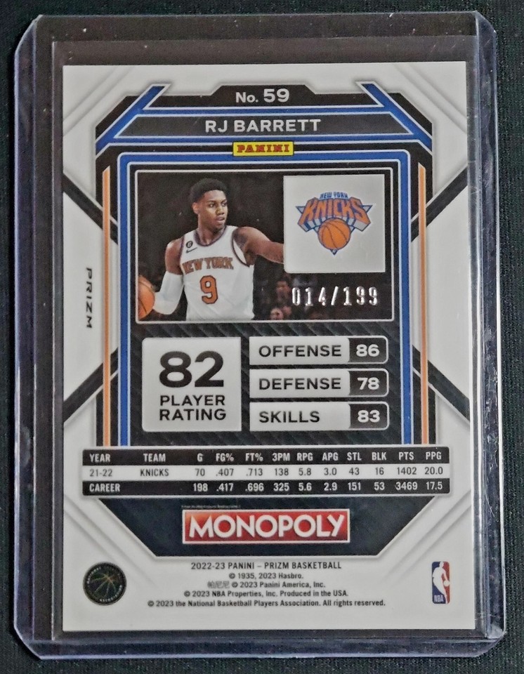 2022-23 Panini Prizm Monopoly Light Blue Prizms RJ Barrett #59 #'d 014/ ...