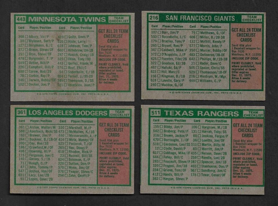 1975 TOPPS BASEBALL - 4 Card Lot - Team Checklists - All Unmarked! | eBay