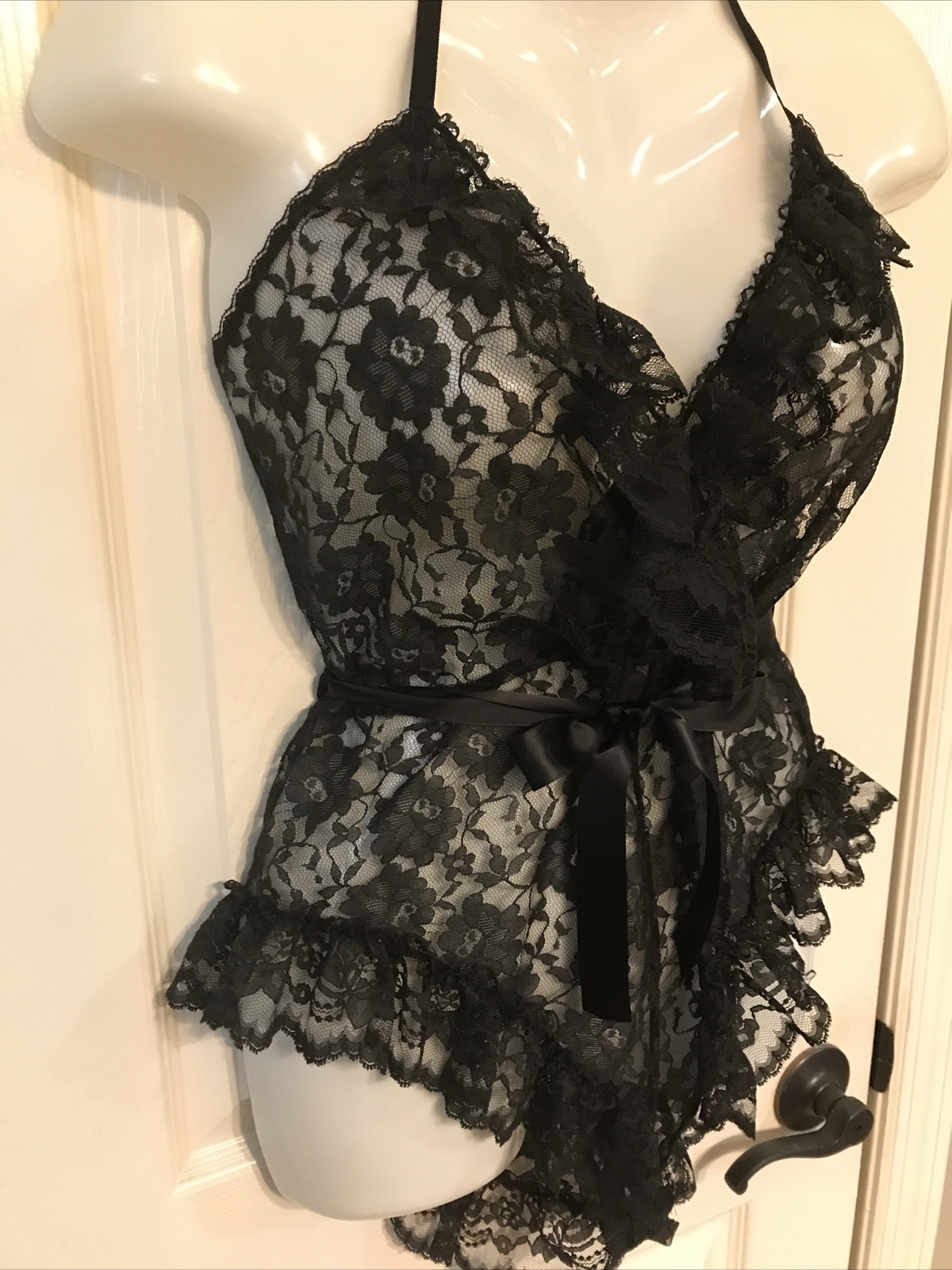 Vintage VAL MODE Lingerie Black Lace Teddy Nightie 80s 90s L Ruffle ...