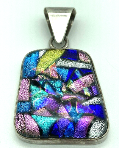 Dichroic Rainbow Colors Art Glass Trapezoid Sterling Silver Necklace ...