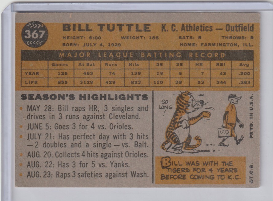 1960 Topps - Bill Tuttle #367 Rare Old US Vintage Baseball Collection ...