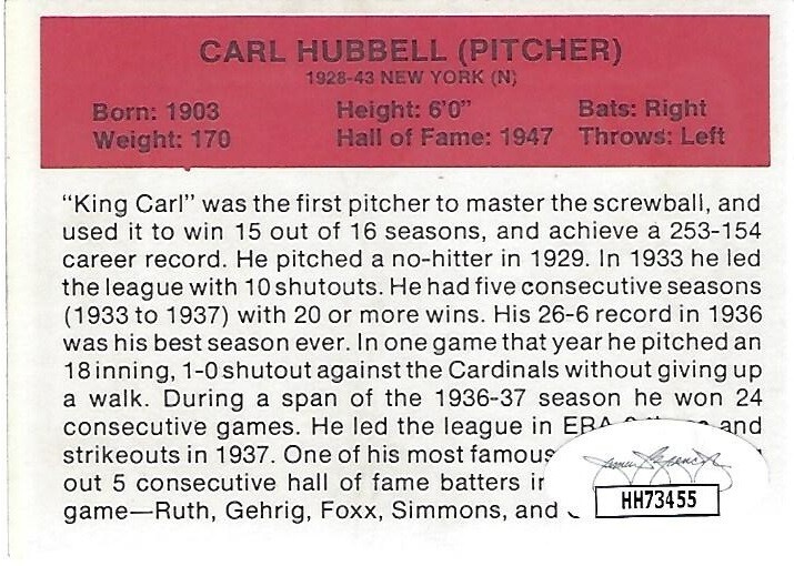 Baseballs All Time Greats Signed Carl Hubbell Card JSA COA | eBay