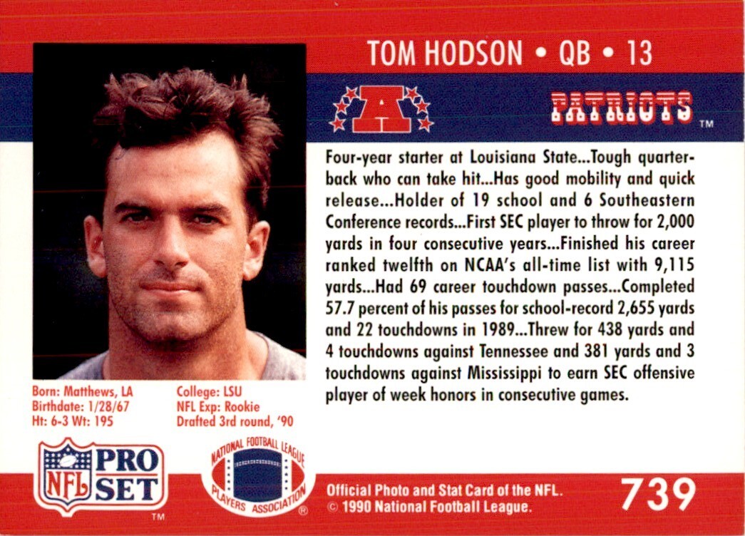 1990 Pro Set Tom Hodson Rookie New England Patriots #739A | eBay