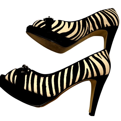 Chico's Shoes 7.5 Zebra Print Buckles Platform Open Toe High Heel Pump ...