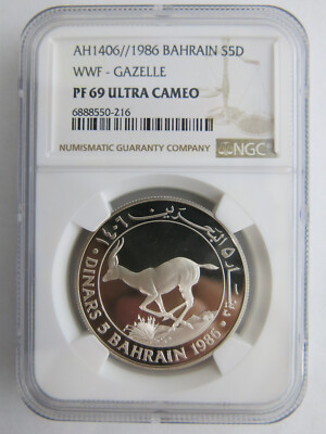 1986 Bahrain Silver Gazelle world wildlife fund NGC PF69 UC 5 dinars ...