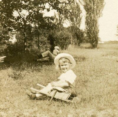 R737 Vtg Photo LITTLE GIRL SITTING CHILD'S WOODEN WHEEL BARROW c 1915 ...