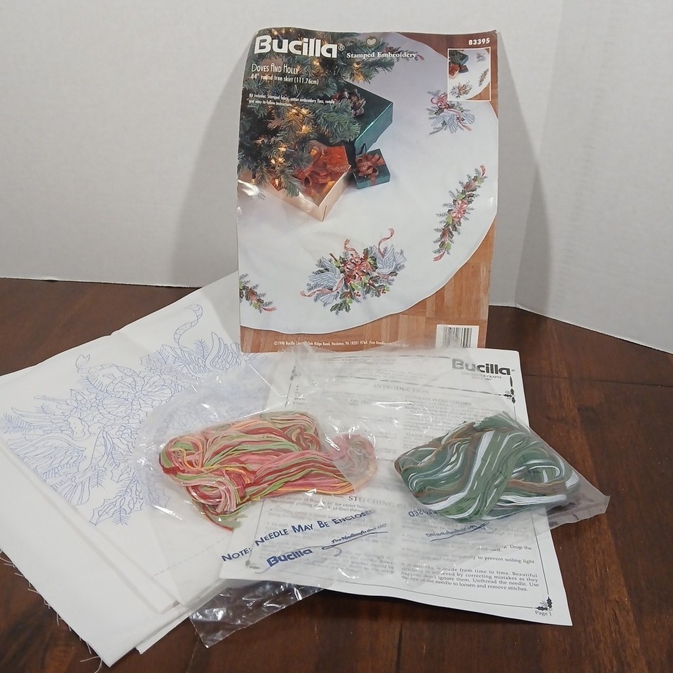Bucilla Doves and Holly 44" Stamped Christmas Tree Skirt Cross Stitch ...