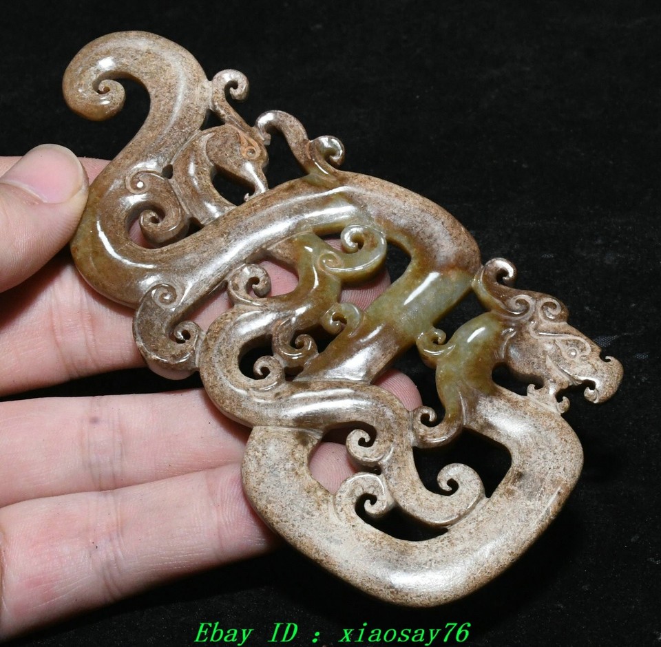 3.7''Old Han Dynasty Hetian Jade Dragon Head Phoenix Tail Yubi Yu Bi ...
