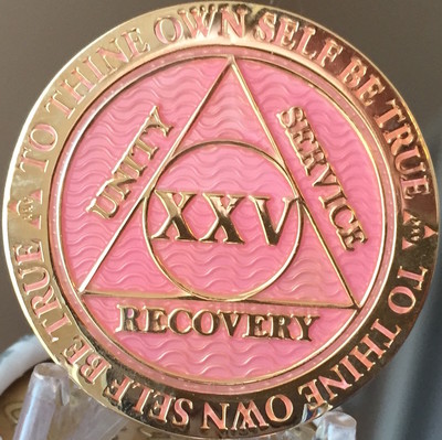 25 Year AA Medallion Pink Gold Plated Alcoholics Anonymous Sobriety ...