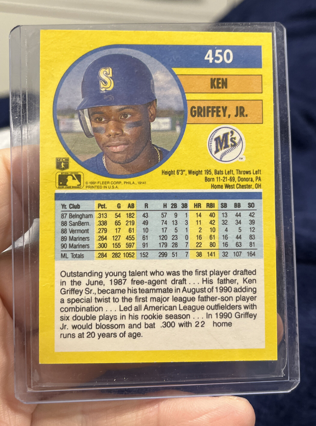 1991 FLEER KEN GRIFFEY JR #450 RARE Error BAT .300 MARINERS Mint ...