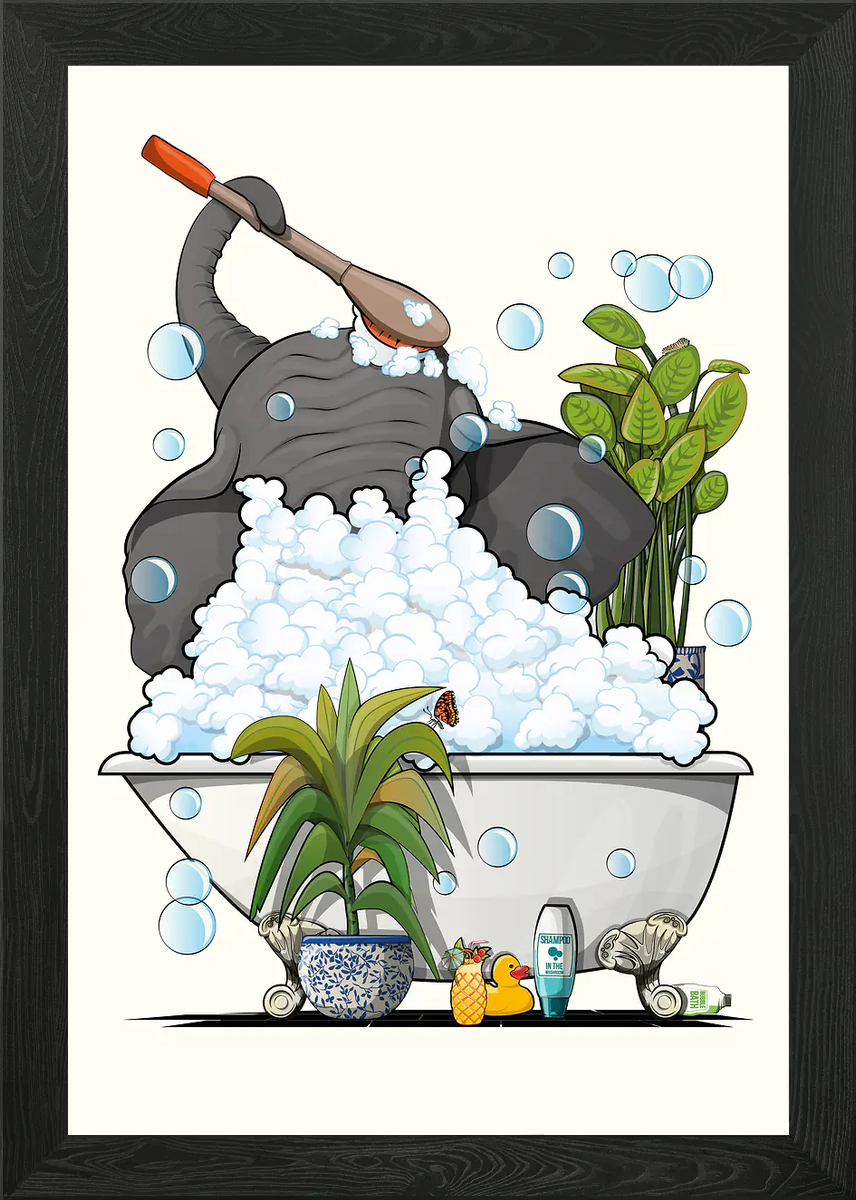 Elephant in Bubble Bath Framed Wall Art Poster Canvas Print Picture ...