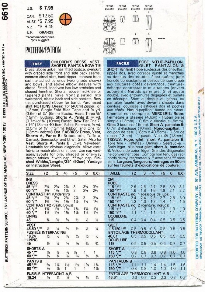 Butterick Children's Dress,Vest,Shorts,Pants&Bow Tie Pattern 6610 Size ...