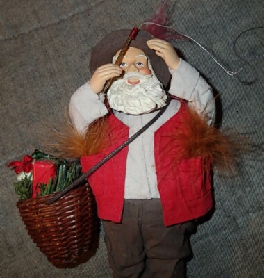 FISHING SANTA FIGURE / ORNAMENT w/ BASKET of GIFTS ~ FABRIC MACHE ~ 8 1 ...