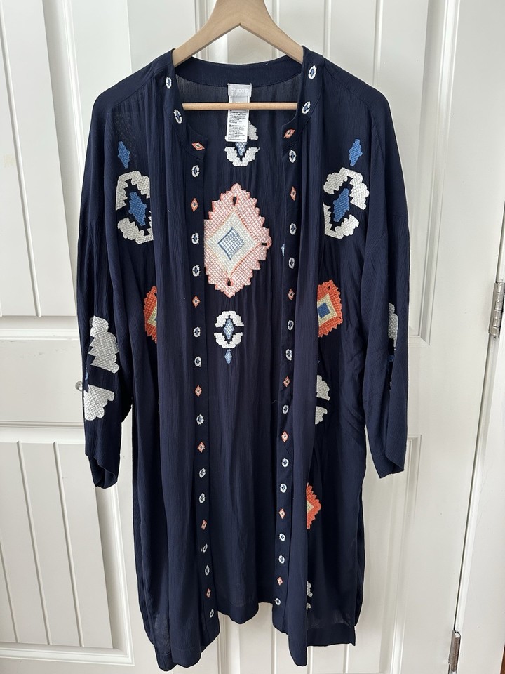 Chico's Dark Blue Orange Embroidered Long Sleeve Long Duster Cardigan ...