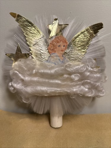 VINTAGE NATIONAL TINSEL SPUN GLASS ANGEL TREE TOPPER SCRAP PAPER FACE ...