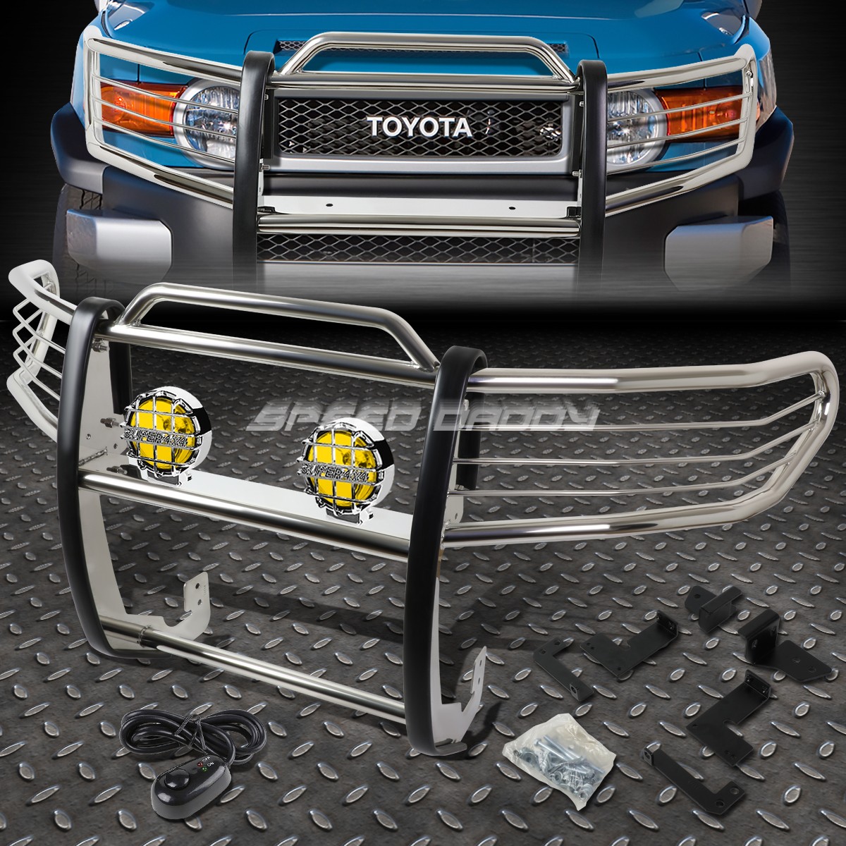 CHROME BRUSH GRILL GUARD+ROUND AMBER FOG LIGHT FOR 07-14 TOYOTA FJ ...