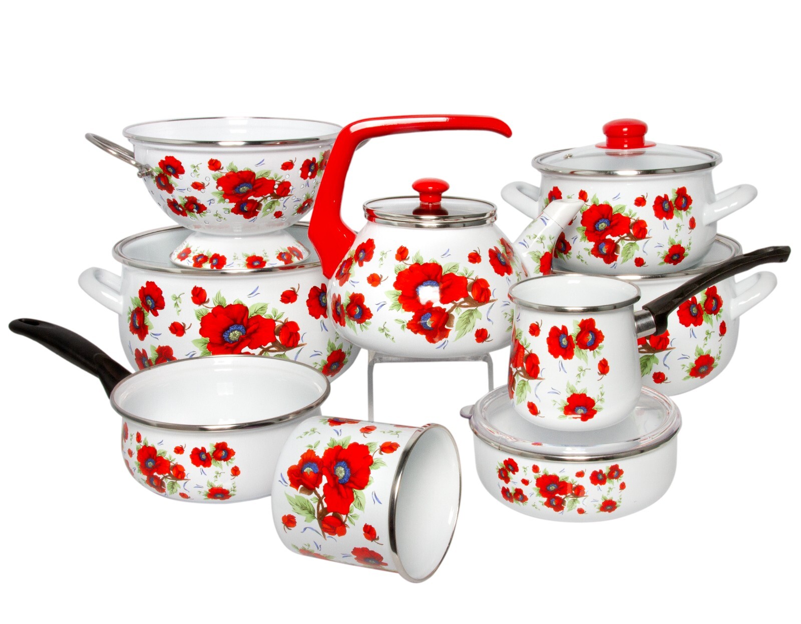 POPPY FLOWERS Enamelware Stockpot with Glass Lids, Enameled Cooking Pot ...