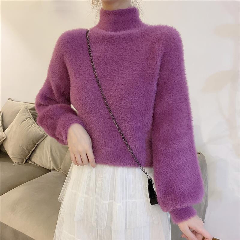 Women Faux Mohair Fur Sweater Jumper High Neck Thick Tops Winter Warmer ...