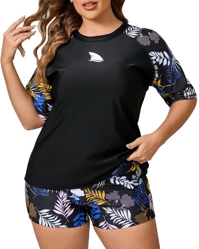 Womens Plus Size Short Sleeve Rash Guard Sets Swim Shirts with Shorts ...