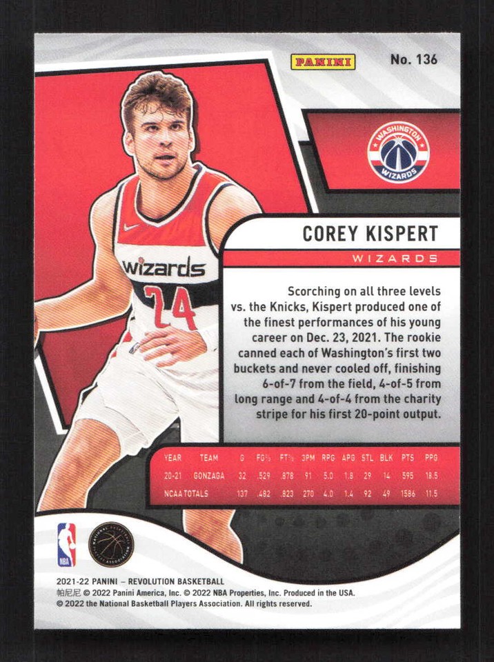 Corey Kispert RC 2021 Panini Revolution Washington Wizards #136 | eBay