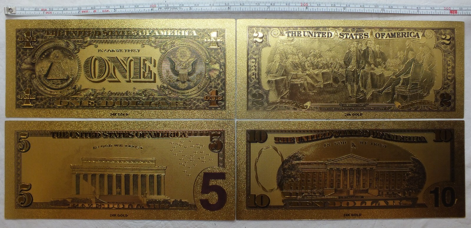 Lot of 7 Federal Reserve Gold Foil Novelty Note $100 $50 $10 $5 $2 $1 ...
