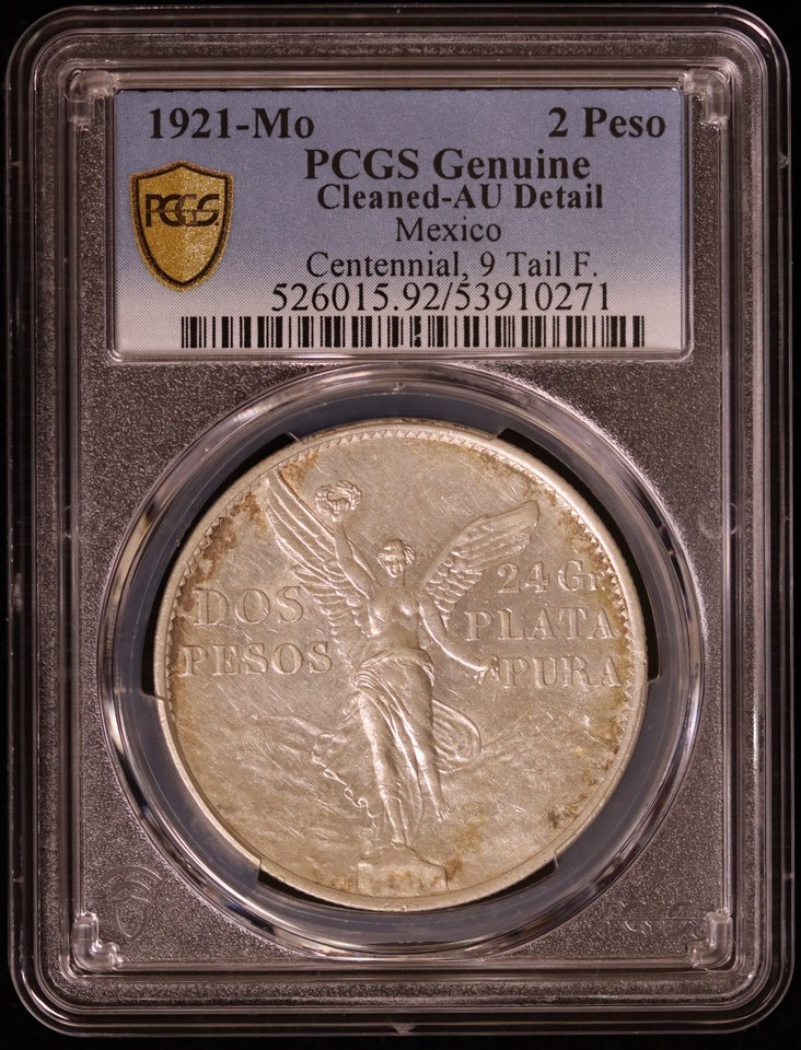 1921-Mo 2 Peso Mexico Centennial, 9 Tail Feathers - PCGS AU Detials ...