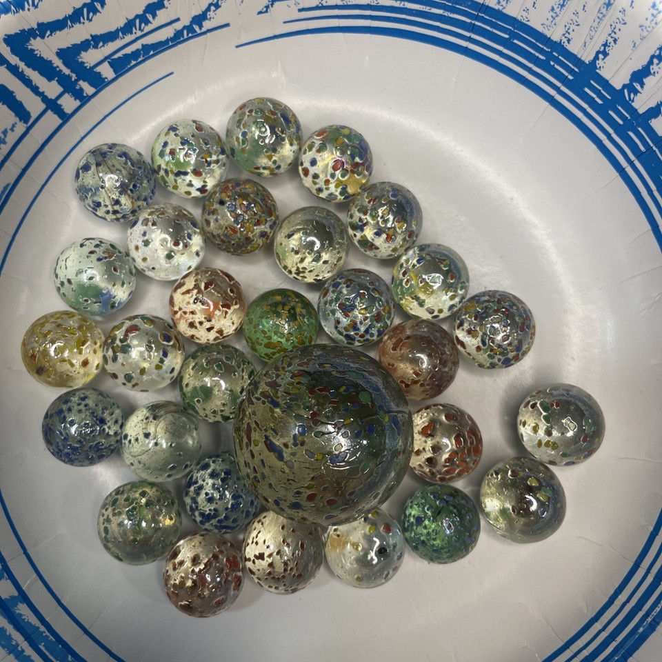 Lot Of 30 Vintage Confetti Glass Marbles With Shooter Transparent Multi ...