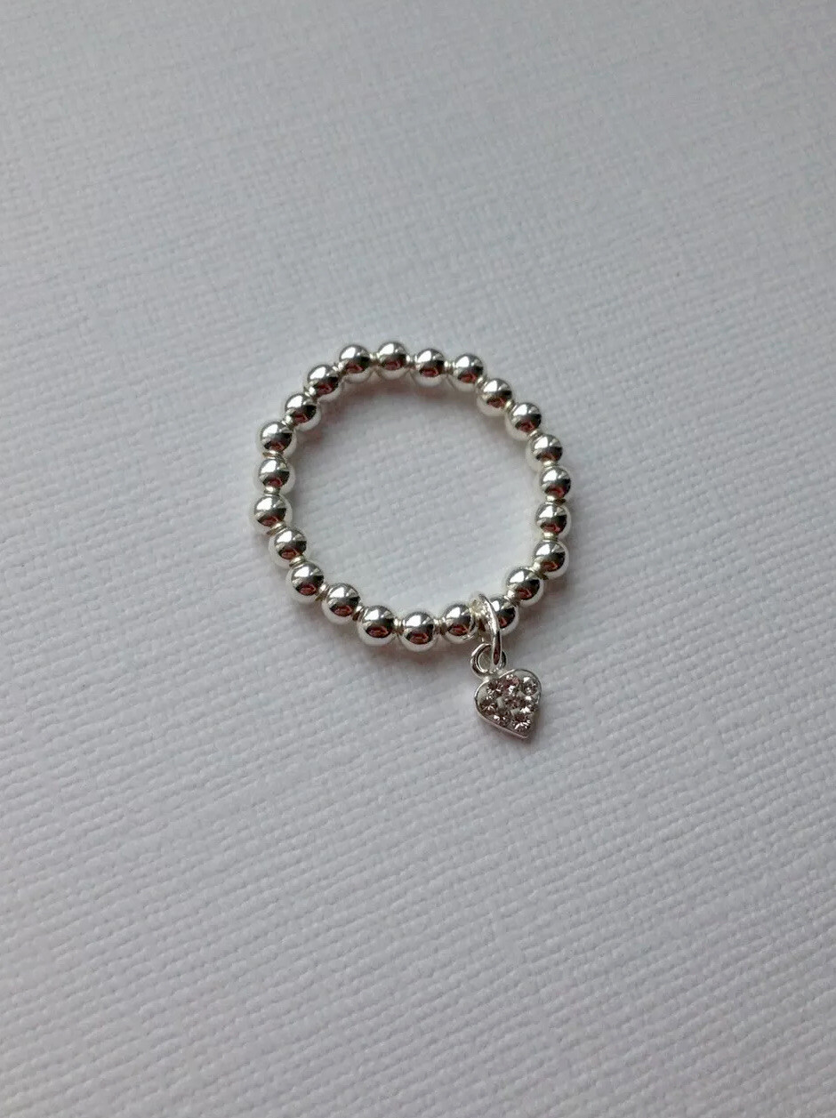 STERLING SILVER STRETCH RING 925 BEADED STACKING SPARKLY CZ HEART ALL ...