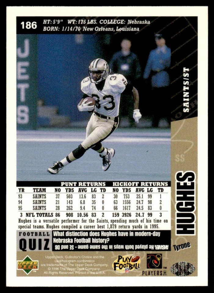 1996 Collector's Choice Tyrone Hughes New Orleans Saints #186 21420 | eBay