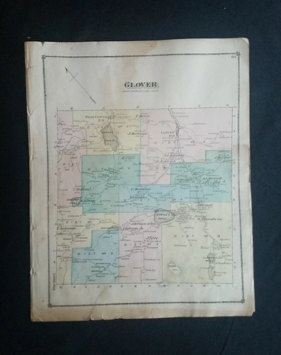 1875 Antique Map of Glover Vermont Color Map VT by F.W. Beers ORIGINAL ...