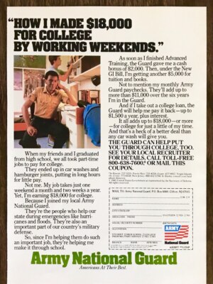 1985 Army National Guard PRINT AD I Made Money for College By Working ...