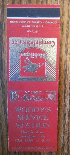 WOODY'S MOBIL GAS STATION MATCHBOOK MATCHCOVER: LEWISTOWN, PENNSYLVANIA ...