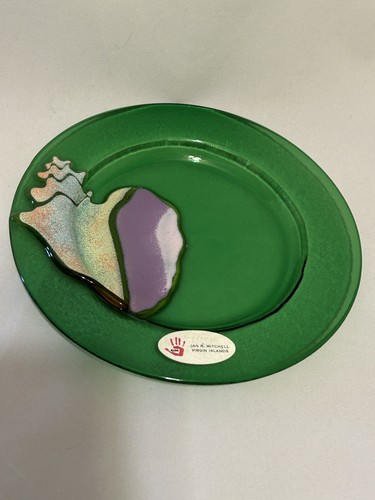 Jan Mitchell Studio Art Fused Green Glass Sea Shell Plate Signed Red ...