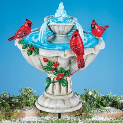 Solar Lighted Cardinals Perched In Water Fountain Outdoor Garden Stake ...