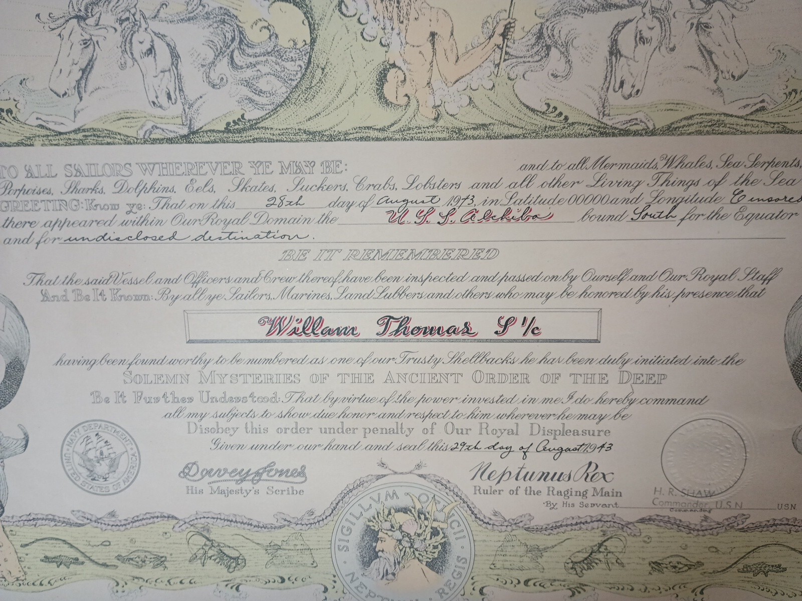 U.S.N.: "Shellback": 15 x 20, Certificate (Personalized) 1943 | eBay