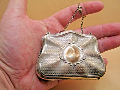 Birmingham 1913 Sterling Silver Coin Purse With Finger Ring Chain Silk ...