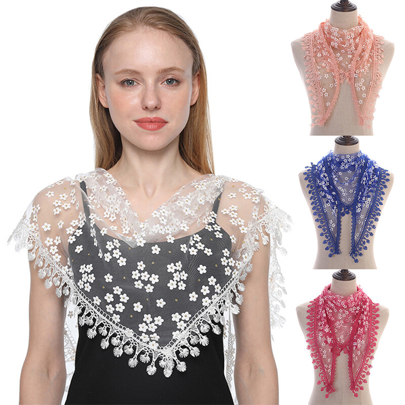 Women Lace Floral Triangle Scarf Sheer Tassel Shawl Scarves Elegant ...