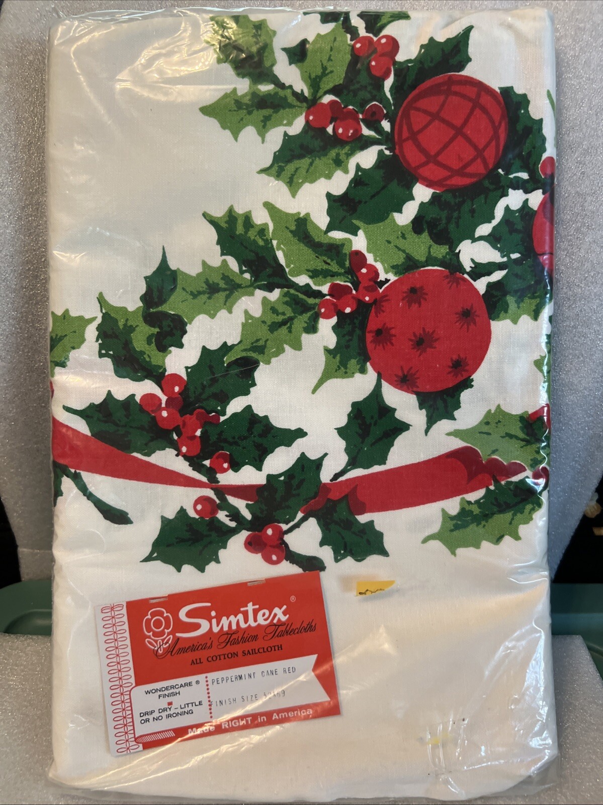 Vintage NEW Simtex Christmas Tablecloth Holly Candy Canes Ornaments ...