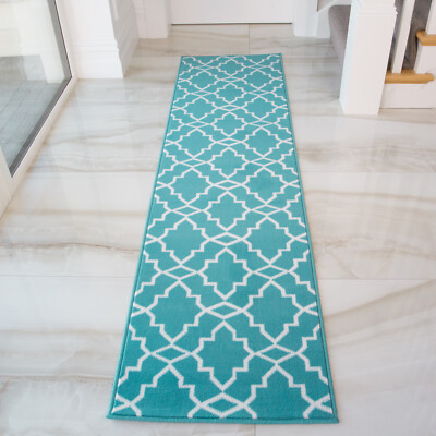 Blue Trellis Hall Runner | Transitional Runner Rug | Modern Teal Carpet ...