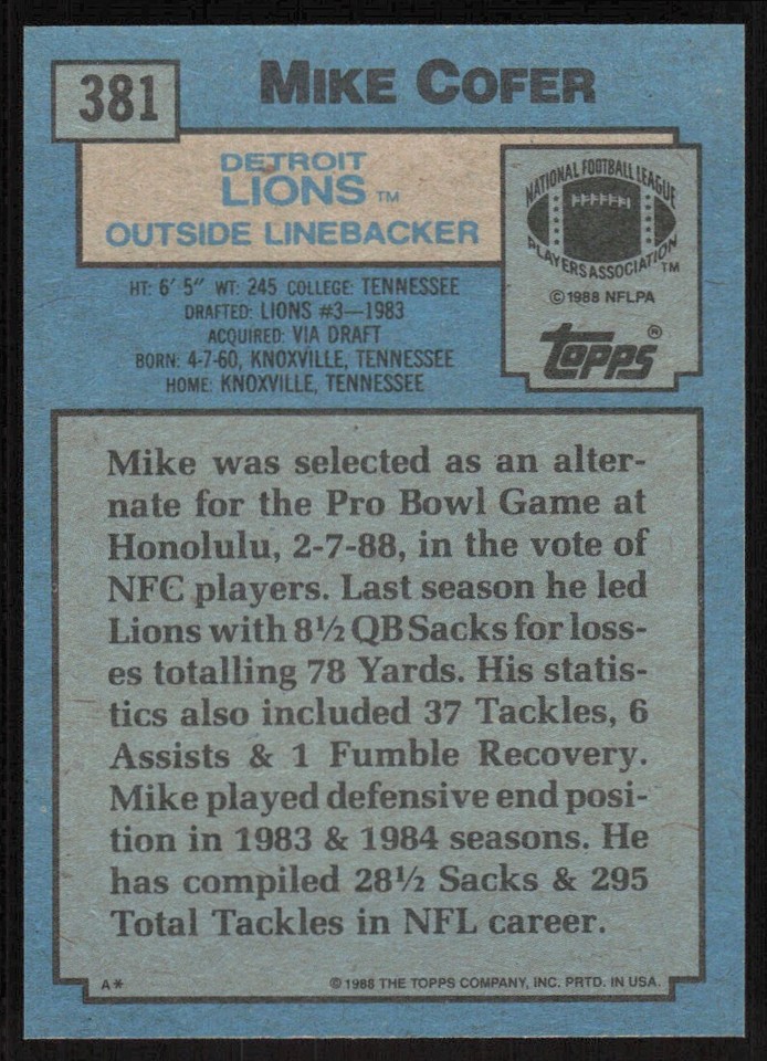 1988 Topps Football Michael Cofer #381 Detroit Lions | eBay