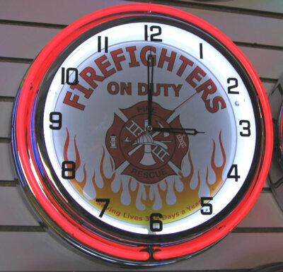 Fire Department Firefighters On Duty Large Neon Clock | eBay