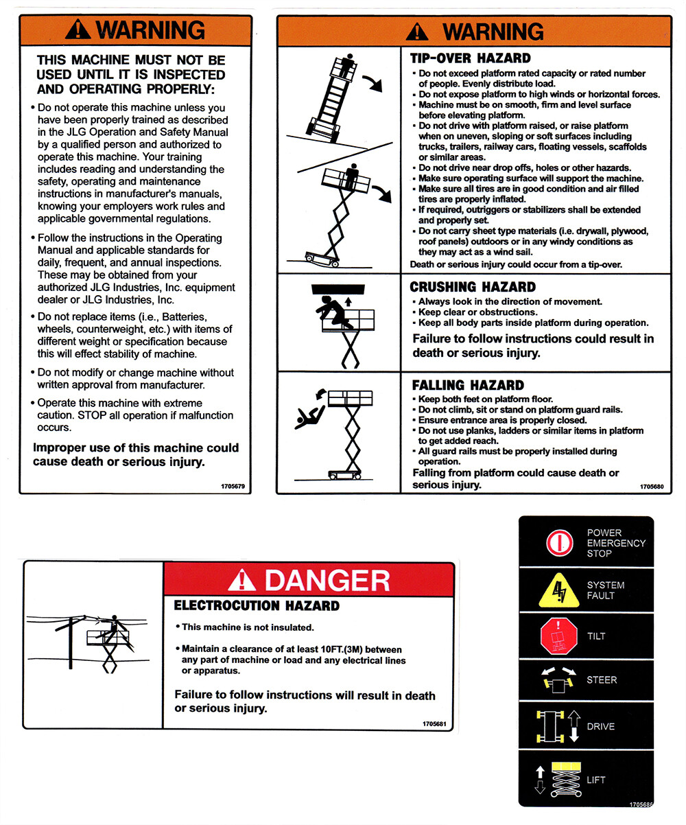 JLG 2902522, Universal SCISSOR LIFT DECAL KIT - AERIAL SAFETY DECAL KIT ...