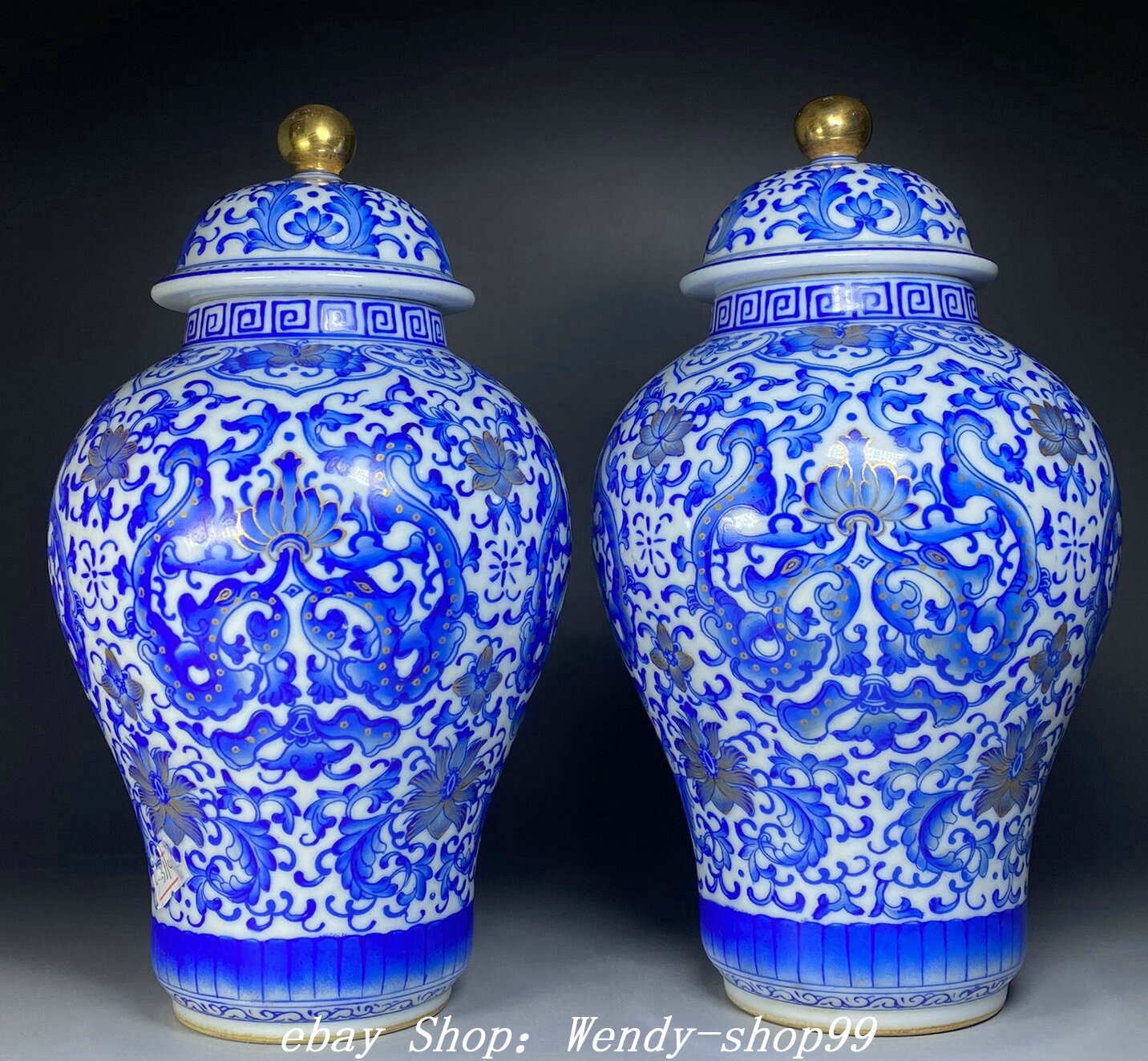 9" DaQing Qianlong Blue White Porcelain Gilt Flower Pattern Jar Pot ...
