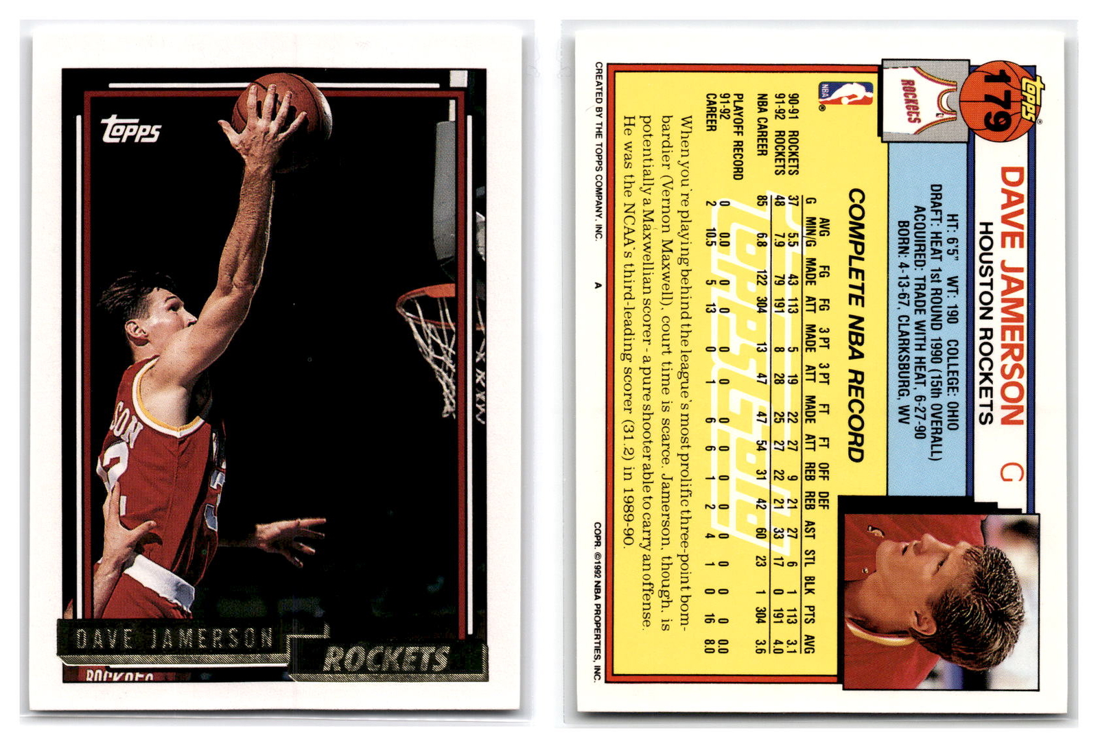1992-93 Topps Gold #179 Dave Jamerson - Houston Rockets | eBay