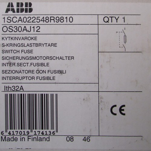 ABB OS30AJ12 30 Amp 600VAC Disconnect Switch 32 Amp MAX 1SCA022548R9810 ...