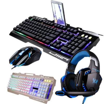 Gaming Keyboard Mouse Headset Combo LED Rainbow Backlit Headphone Mic ...