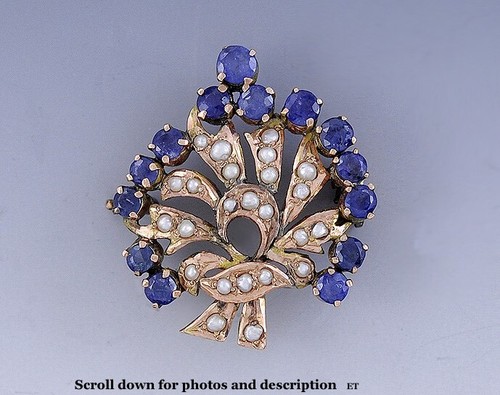 c1910 Elegant Indian Sapphire Pearl 14k Gold Peacock Fan Pin / Brooch ...