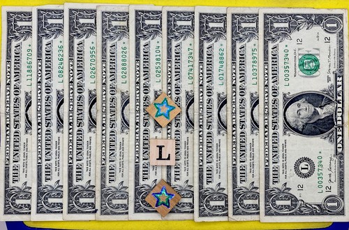 STAR NOTE ( Lot Of 9 ) ALL L District Fancy Serial Number One Dollar ...