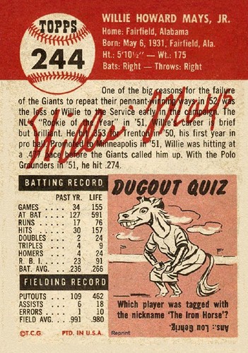 1953 Topps 244 Willie Mays Sports Trading Card Baseball REPRODUCTION ...